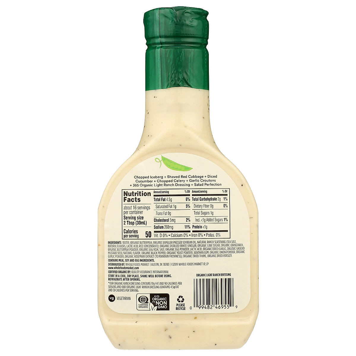 365 by Whole Foods Market, Dressing Ranch Light Organic, 16 Fl Oz