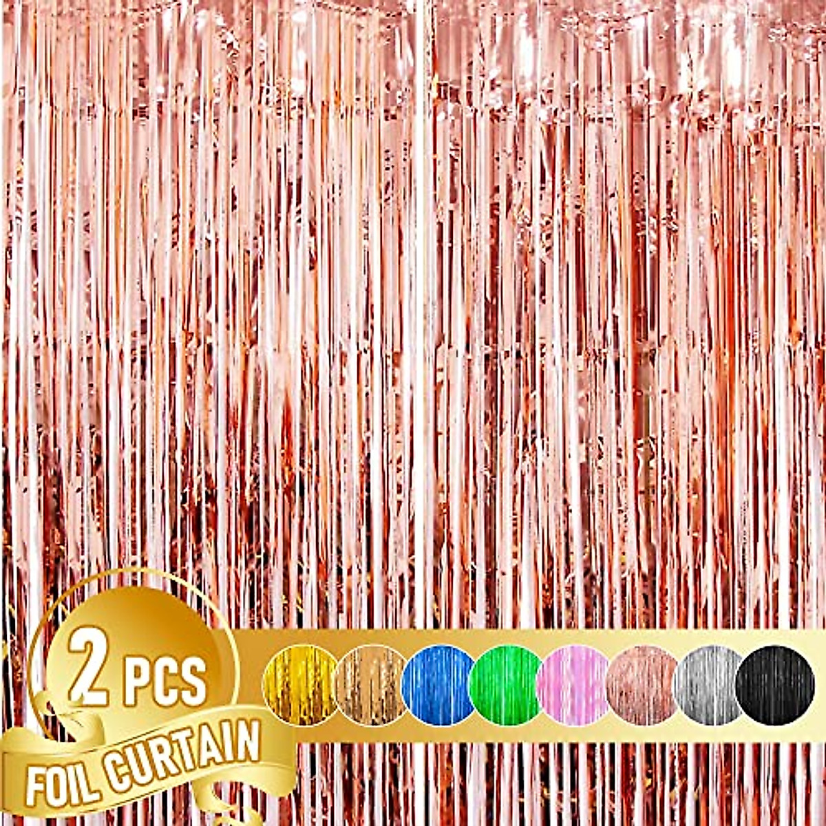 Dazzle Bright Backdrop Curtain, 3FT x 8FT Metallic Tinsel Foil Fringe Curtains Photo Booth Background for Baby Shower Party Birthday Wedding Engagement Bridal Shower (2, Rose Gold)