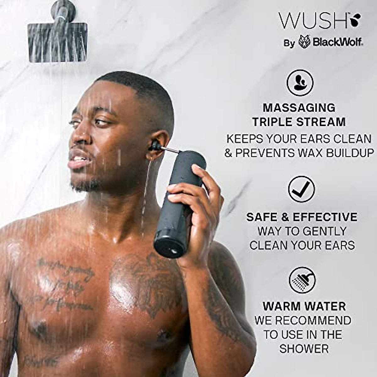Wush Pro By Black Wolf - Water Powered Ear Cleaner - Safe & Effective - Electric Triple Jet Stream with 3 Pressure Settings For Ear Wax Buildup - Ear Wax Removal Kit - Water Resistant USB Rechargeable