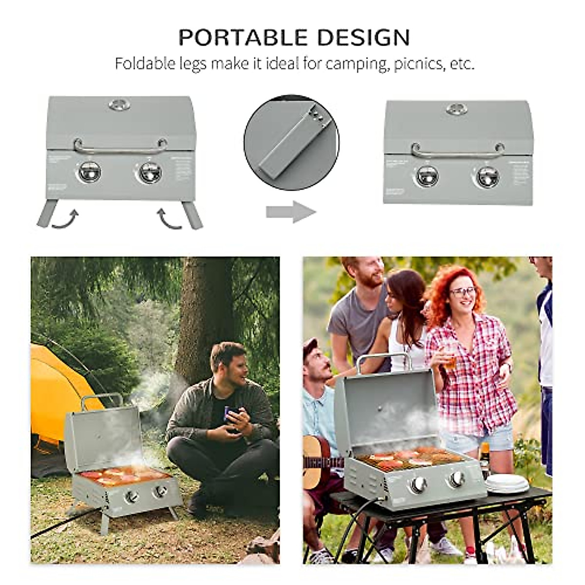 Outsunny 2 Burner Propane Gas Grill Outdoor Portable Tabletop BBQ with Foldable Legs, Lid, Thermometer for Camping, Picnic, Backyard, Light Grey