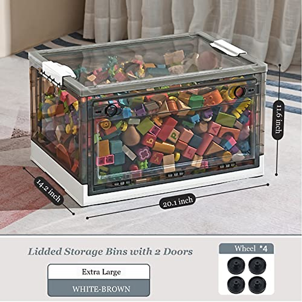 56 Quart Collapsible Storage Bins with Lids, Clear Stackable Lidded Storage Box with Wheels, Plastic Storage Container with 2 Doors, Storage Organizer with Attached Lid (Extra Large, Brown)