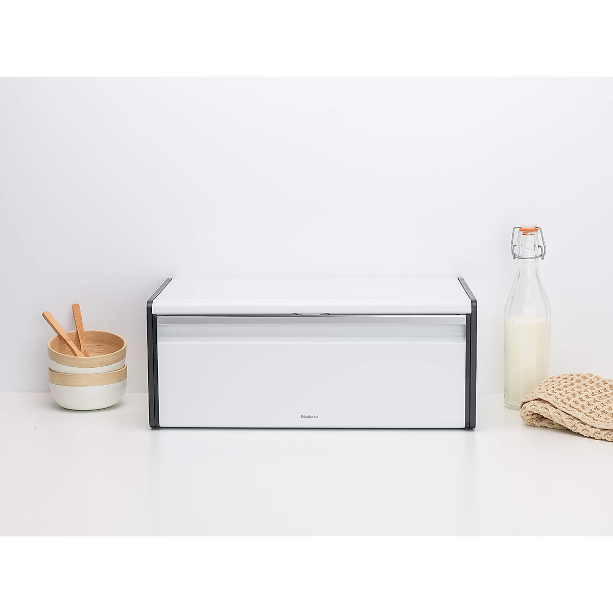 Brabantia Rectangular Fall Front Bread Box (White) Large Front Opening Flat Top Bread Store for Kitchen Counter, Fits 2 Loaves