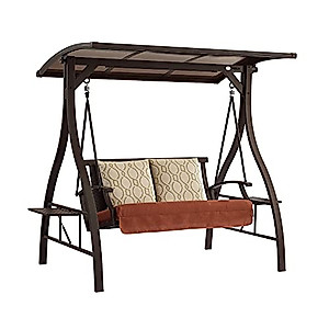 Ulax Furniture 2-Seat Outdoor Patio Swing Chair, Porch Swing Glider Chair with Convertible Canopy, Solar LED Light and Sunbrella Pillows for Poolside, Garden, Balcony, Backyard