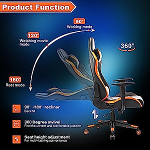GOTMINSI Gaming Chair Racing Office Chair Computer Desk Chair Executive and Ergonomic Reclining Swivel Chair with Headrest and Lumbar Cushion (BK/Orange)