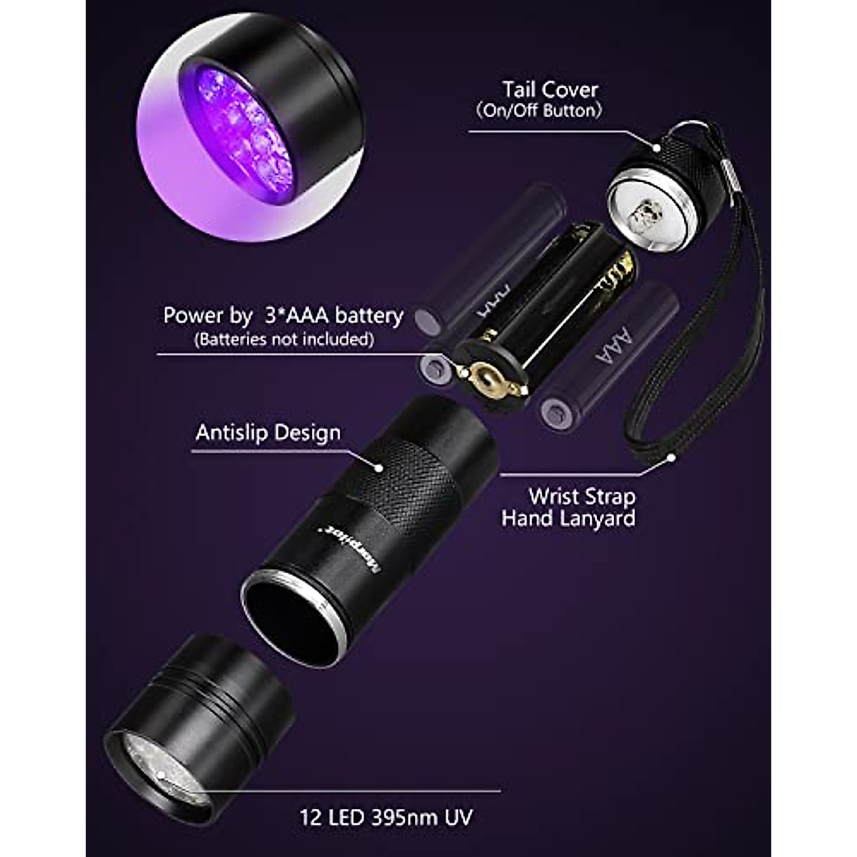 morpilot Blacklight Flashlights uv Flashlight: 12 Led 395nm 2 Pcs Black Light Flashlight Mini, Pet Urine Detector Light for Dog/Cat, Dry Stains, Resin Curing, Bed Bug
