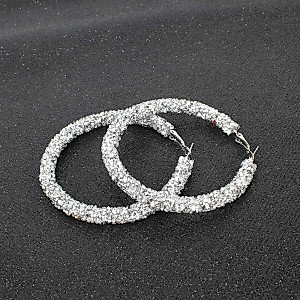 Silver Glitter Hoop Earrings for Women Bohemian Sparkle Resin Rhinestone Wrapped Big Hoop Dangle Earrings Jewelry