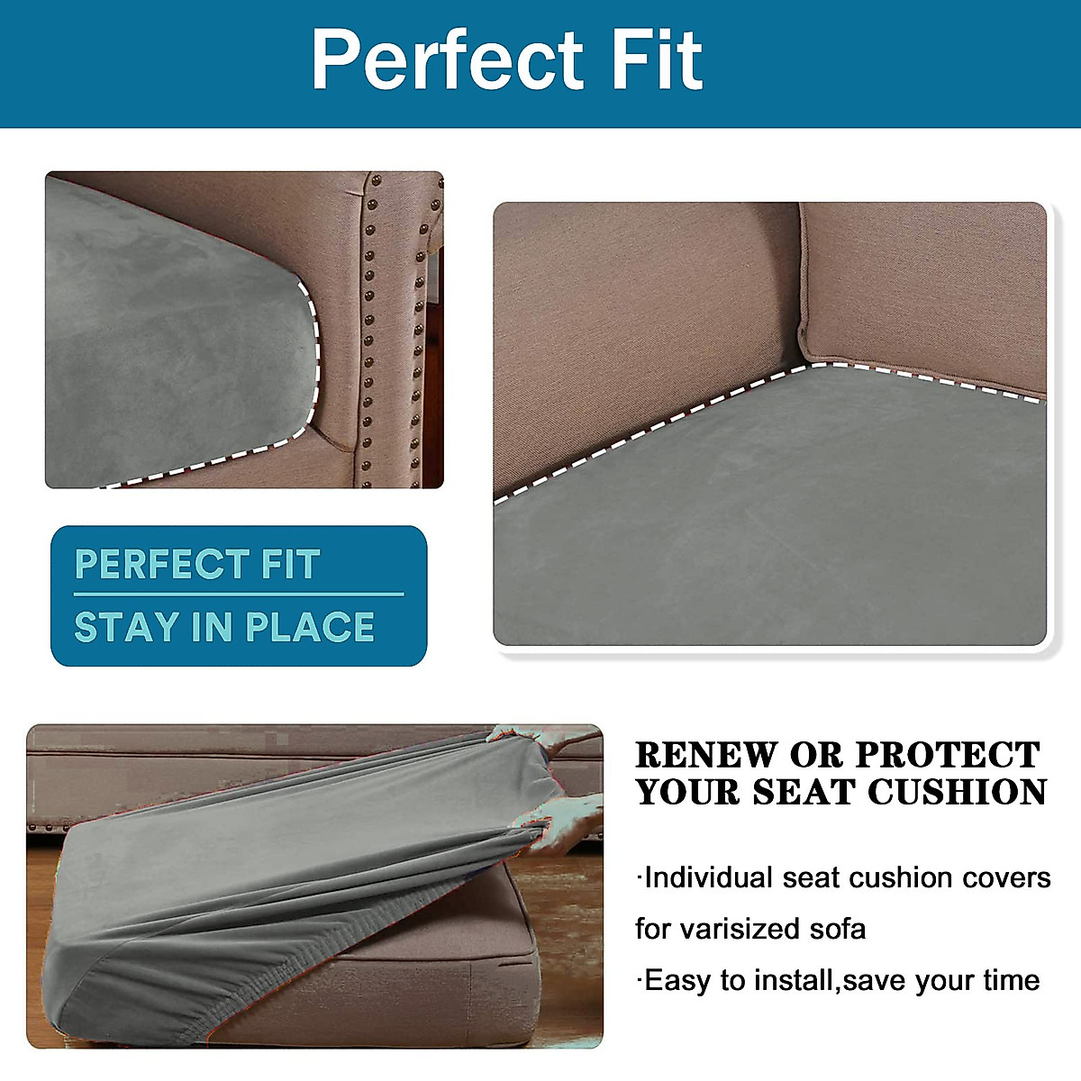 GUYIRT Velvet Couch Cushion Covers Stretch Individual Cushion Covers Non Slip Furniture Protector Washable Sofa Seat Cushion Covers Replacement Sofa Slipcover -Blue-4 Seater