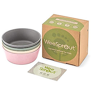 WeeSprout Bamboo Kids Bowls, Set of Four 10 oz Kid-Sized Bamboo Bowls, Dishwasher Safe Kid Bowls (Pink, Green, Gray, & Beige)