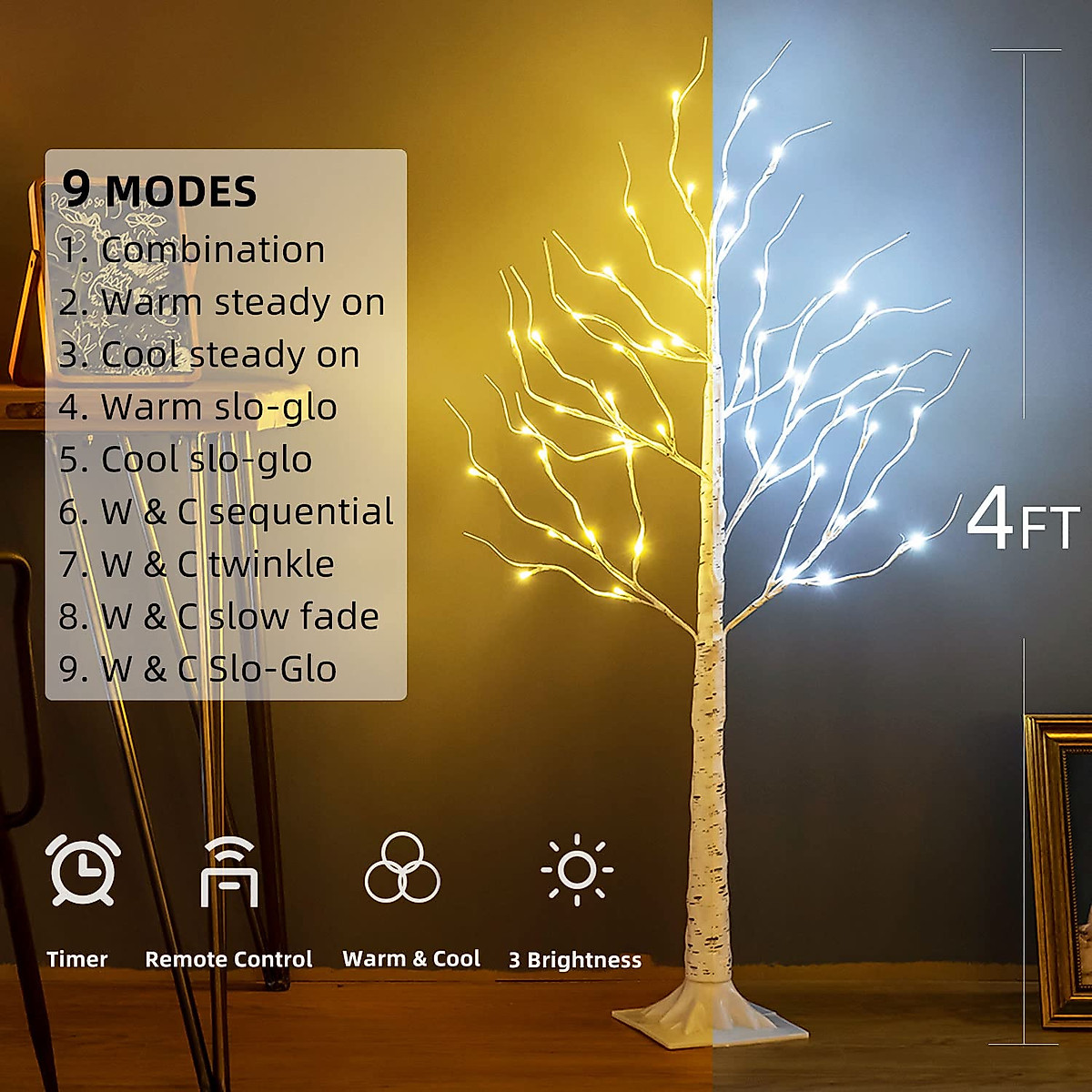 ZHOUDUIDUI Lighted Birch Tree, 4ft 48LED Birch Tree Lights, Mothers Day Decor Indoor Outdoor Artificial Twig Tree Light 9Modes Timer for 4th of July Christmas Home Party Wedding Decor,Warm& Cool White