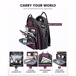 LOVEVOOK Laptop Backpack Purse for Women, 17" Laptop Bag with USB Port, Water Resistant Lightweight Daypacks for College Travel Work Business, Nurse Teacher Computer Bags, Purple Black