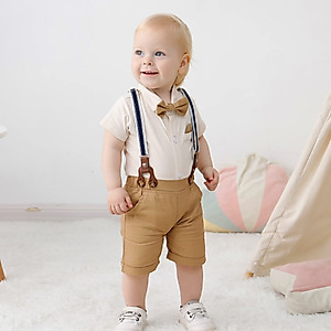 YUEMION Infant Baby Boy Clothes Gentleman Outfits Suits Summer Short Sleeve Bowtie Bodysuit Shirts + Suspender Shorts (Beige,12-18M)