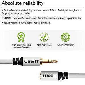 50ft 3.5mm Extension Cable, GearIT Pro Series Preminun Gold Plated 50 Feet 3.5mm Auxiliary Audio Stereo Extension Male to Female Cable, White