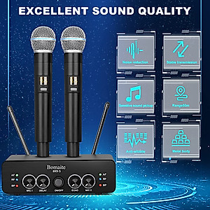 Bomaite BX9-S UHF Wireless Microphone System， Karaoke Microphone Wireless Mic Cordless Dual with Volume Control and Echo,DEALY for Karaoke Singing Speech Meeting Church DJ Party, 165FT