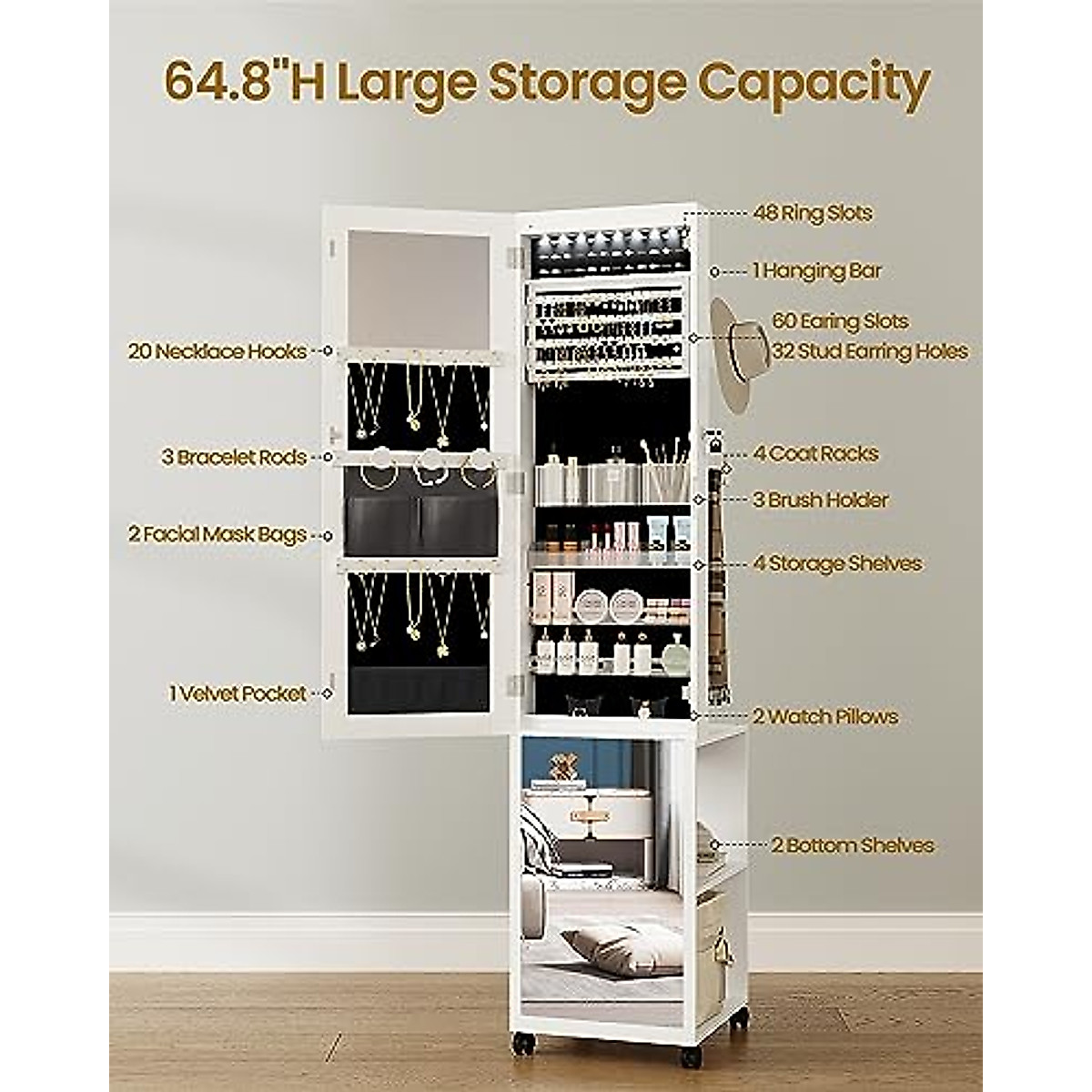 Hzuaneri 8 LEDs Jewelry Cabinet Armoire, 64.8-inch Jewelry Organizer with 1 Garment Rack, Lockable Full-length Mirror with 4 Wheels, Storage Shelves with Hooks, 5-in-1 Multifunctional, White JC17003B