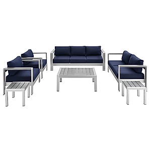 Modway EEI-4322-SLV-NAV-SET Shore Aluminum Sunbrella Fabric 7-Piece Outdoor Patio Set, Silver Navy