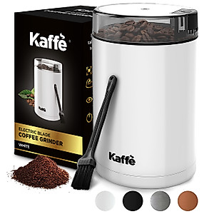 Kaffe Coffee Grinder Electric - Spice Grinder w/Cleaning Brush, Easy On/Off - Perfect for Espresso, Herbs, Spices, Nuts, Grain - 3.5oz / 14 Cup (Blade Grinder, White)