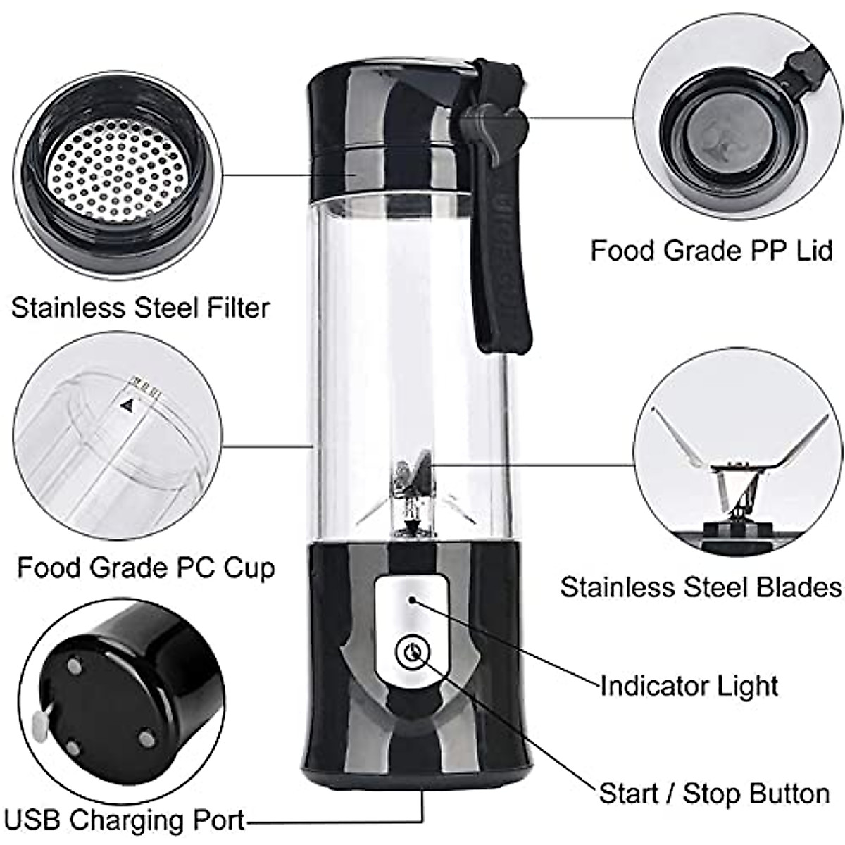 Portable Blender, Mini USB Blender for Shakes and Smoothies, 13.5 Oz Juicer Cup Rechargeable Type-C Personal Blender with Ultra Sharp Six Blades, Multifunctional and BPA Free Blender Bottle–Ideal for Traveling, Gym, Office-Black