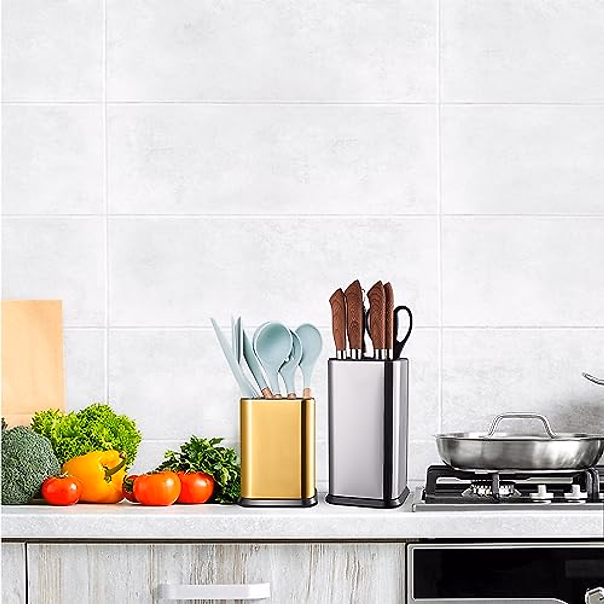 RedCall Stainless Steel Kitchen Utensil Holder for Countertop, Spoon Spatula Organizer,Modern Rectangular Large Cooking Utensil Caddy Counter,Utensil Crock (Stainless Steel Gold)