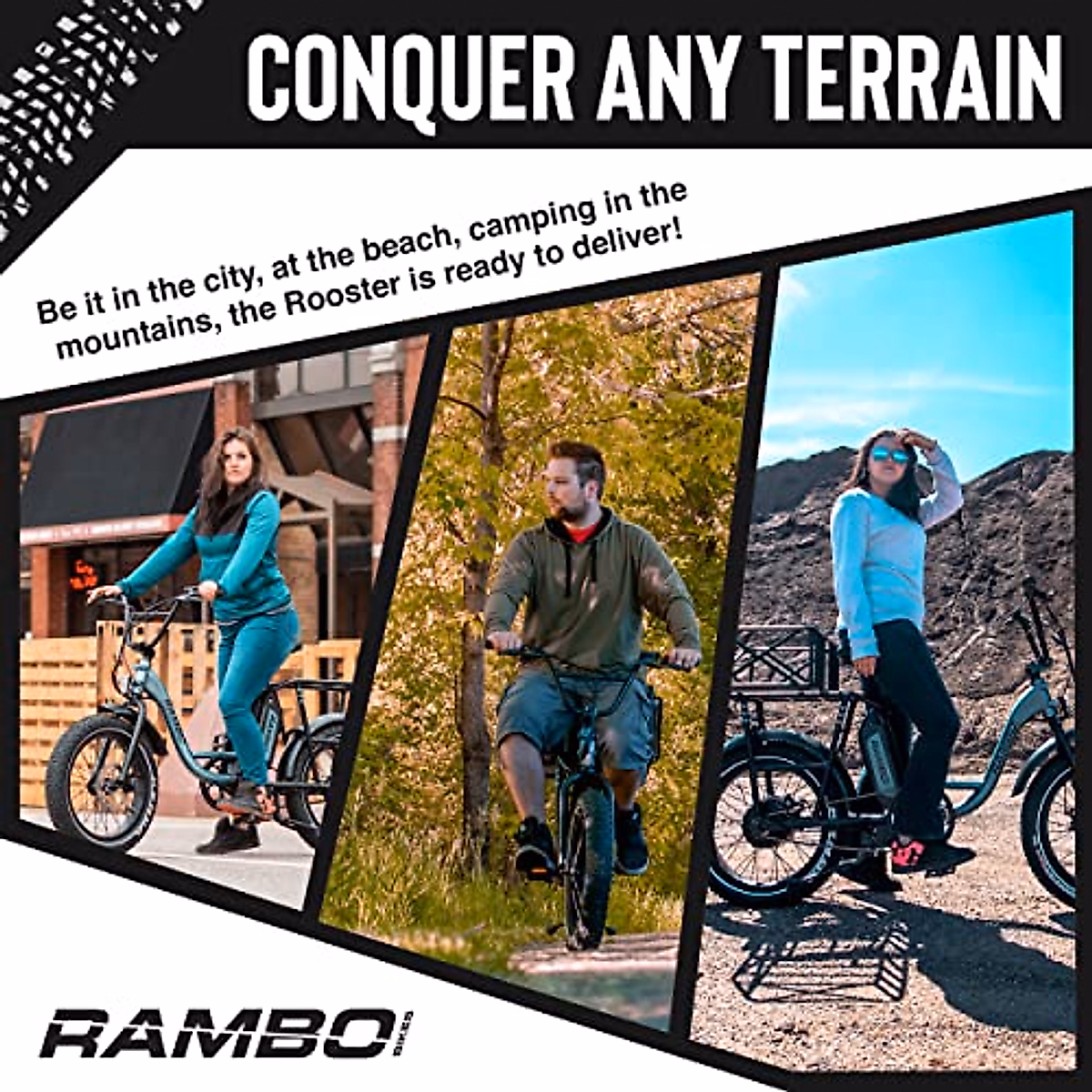 Rambo Bikes Rooster 750W Electric Bike - All-Purpose Single-Speed EBike - 20mph Top Speed, 35-Mile Range - 20” Fat Tires - 5 Power Levels, Removable 14AH Battery, Step Through Frame, LCD Tracker