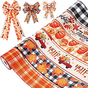 Fall Ribbon Wired 2 1/2 Inch x 30 Yards(6 Roll x 5 Yards), Thanksgiving Pumpkin Buffalo Plaid Ribbon with Wire for Wreaths Crafts Fall Decor