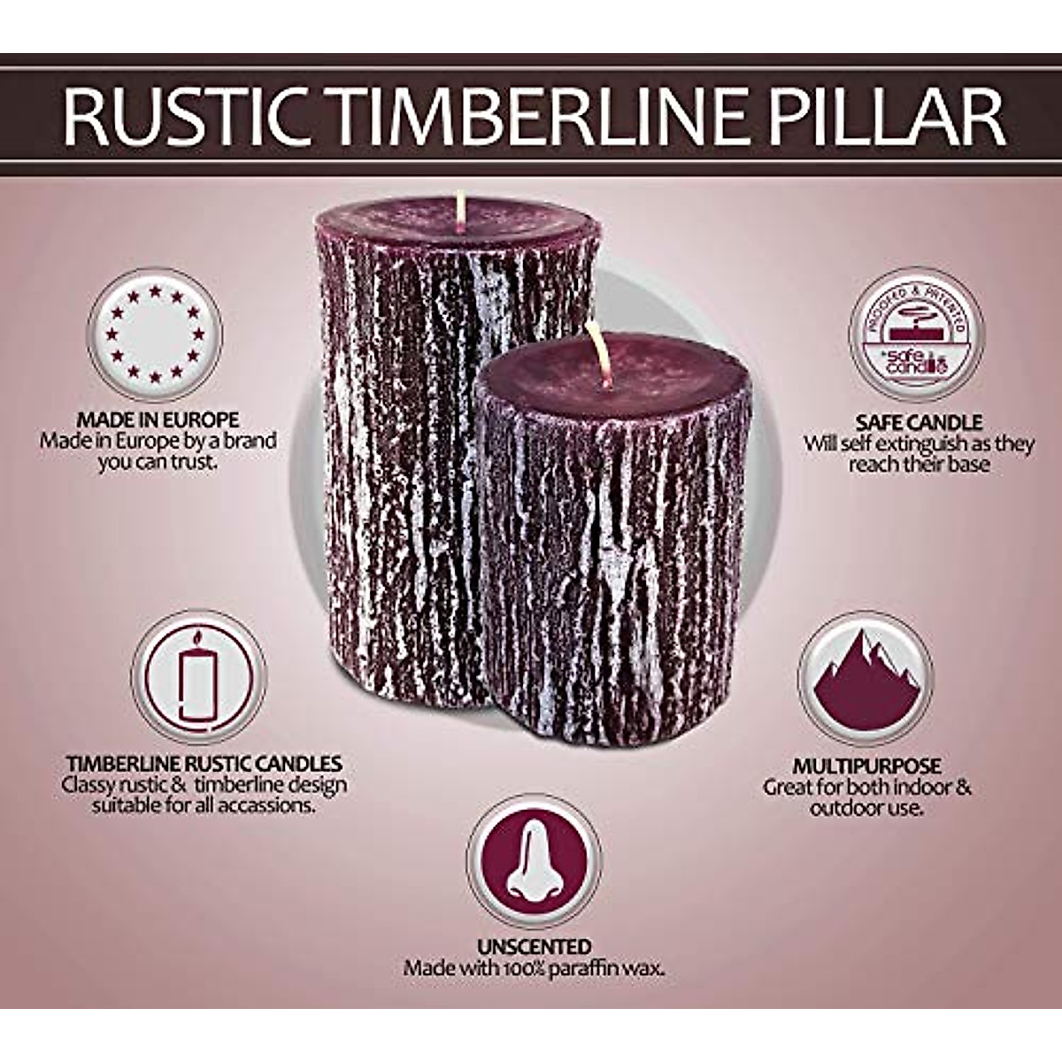 Hyoola Timberline Pillar Candles - 6 Pack - Purple Pillar Candles - European Made Rustic Pillar Candle - 3 Inch x 5 Inch