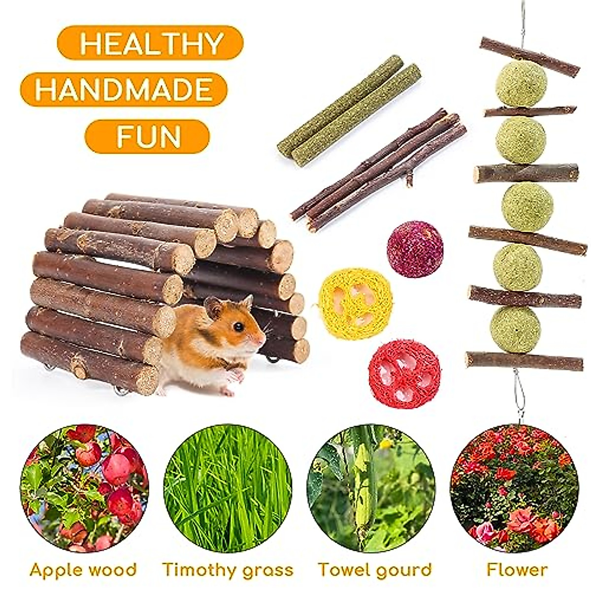 DAMPET Hamster Toys,12 Pack Guinea Pig Chew Toys and Accessories for Hamster Cage,Natural Wooden Guinea Pig Hideout and Timothy Stick Apple Wood for Hamster,Guinea Pig,Rats,Chinchilla,Gerbils,Mice