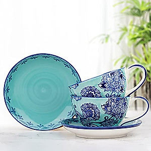 Taimei Teatime Ceramic Coffee Cups and Saucers,10.8oz Tea Mugs with Plates of 2, Green Handpainted Floral Large Tea Mugs for Tea, Cappuccino, Latte or Americano