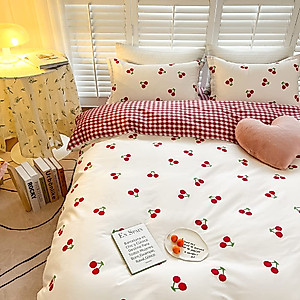 BlueBlue Cherry Kids Duvet Cover Set Queen 100% Cotton Bedding for Boys Girls Teens Cartoon Red Cherries Pattern on White 1 Cute Fruit Full Comforter Cover 2 Pillow Shams (Queen)