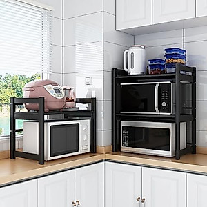 MOMOJIA Versatile Microwave Stand with Expandable Designs Kitchen Counter Organizers with Hooks Carbon Steel Constructions