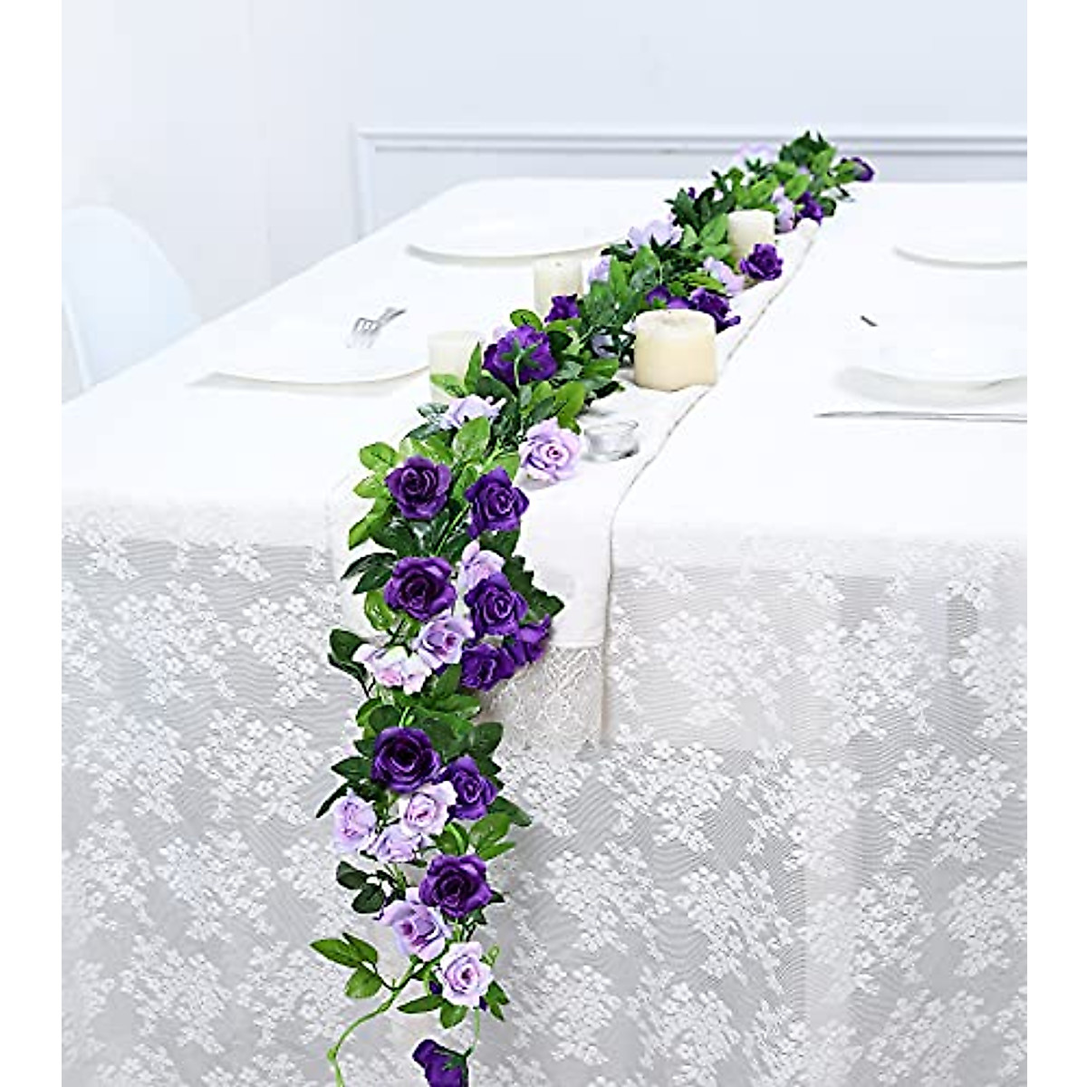 Floweroyal 2 Pack Artificial Flower Garlands 15.8FT Fake Rose Vines Silk Flowers Hanging Rose Ivy for Wedding Arch Party Home Garden Wall Decor (Purple)
