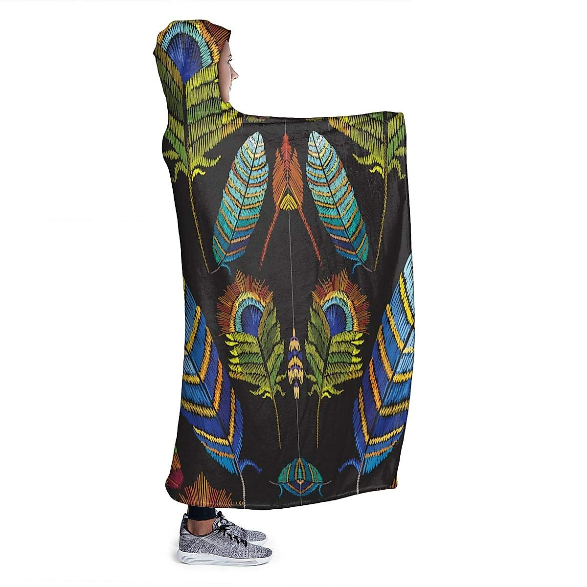 321DESIGN Bird Feather Wearable Blanket Fleece Hooded Robe Cloak Throw Quilt Poncho Microfiber Sherpa Plush Warm Wrap Multiple-Size Cape Adult Size 80 x 60 Inch