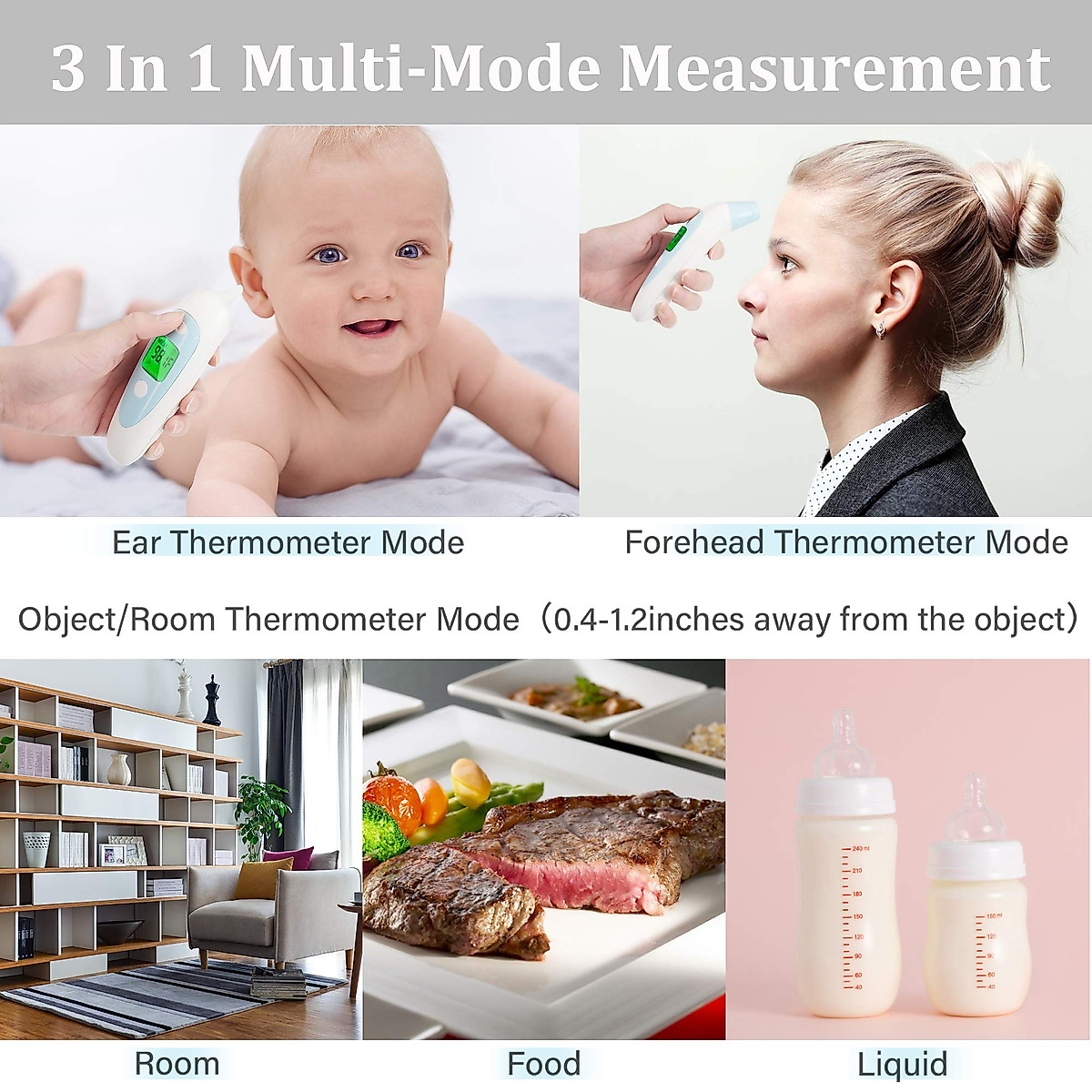 Infrared Thermometer Forehead Ear Non Contact Digital for Adults Kids Babies Fever Indicator Accurate Fast Readings Memory Function (Battery Included)