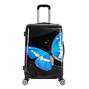 InUSA Black Butterfly Print Luggage with Spinner Wheels | Durable Lightweight Hardside Suitcase | Travel Bag with Handle and Trolley | 24-Inch Medium Checked luggage