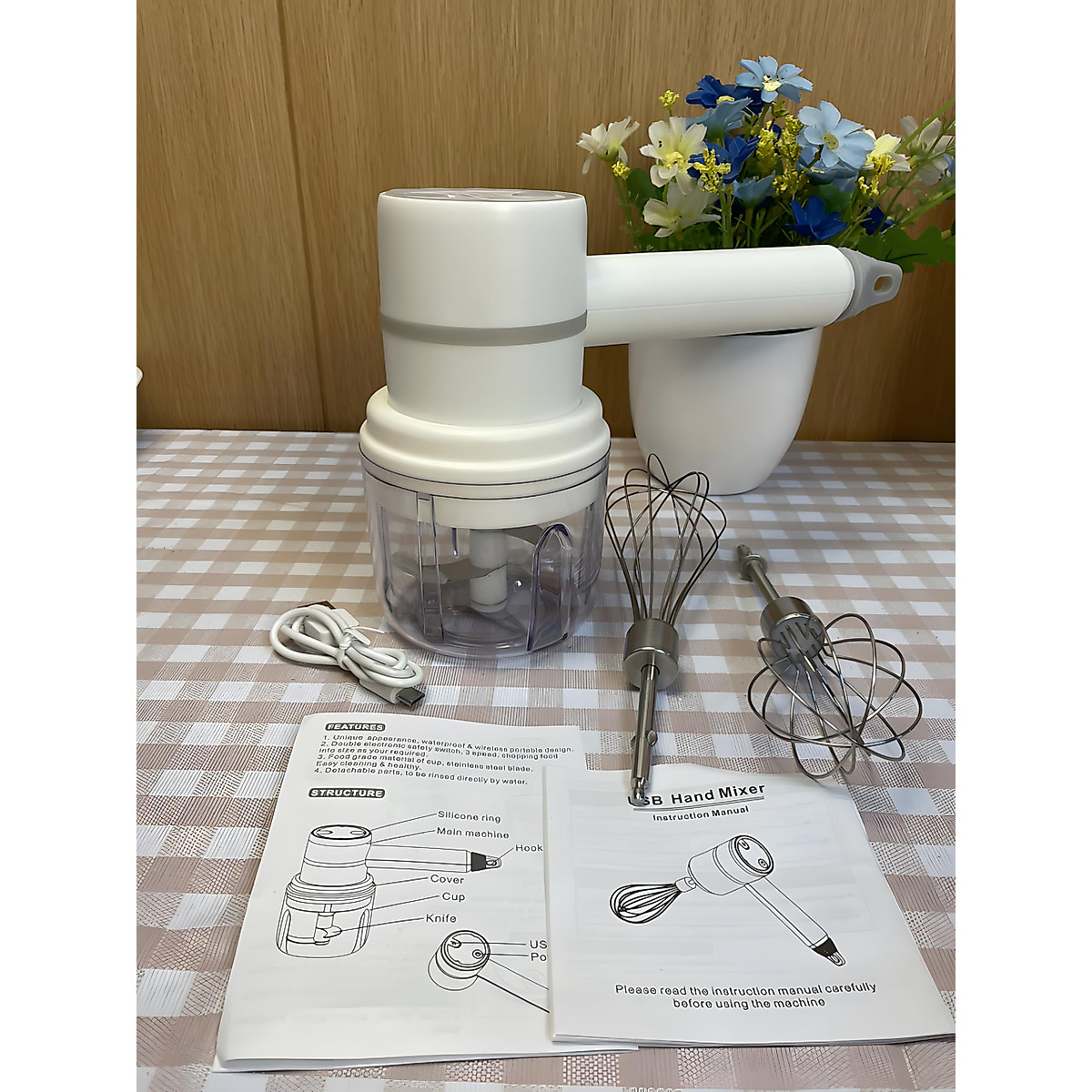 2 in 1 Multifunction Cordless Electric Food Processor & Hand Mixer For Meat, Spices, Fruits and Vegetable Chopper, USB Rechargeable, White