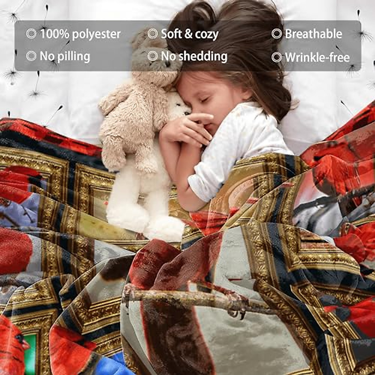 Vcmaluco Cardinal Bird Throw Blanket, Red, 50x60 inch, Acrylic, Casual, Animal Print, High Thermal Performance, Lounging, Napping, Bagged, 1 Count