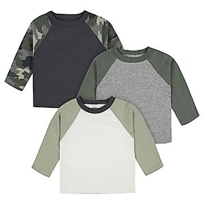 Gerber Baby Boys' 3-Pack Long Sleeve Baseball Tees, Green & Gray, 12 Months