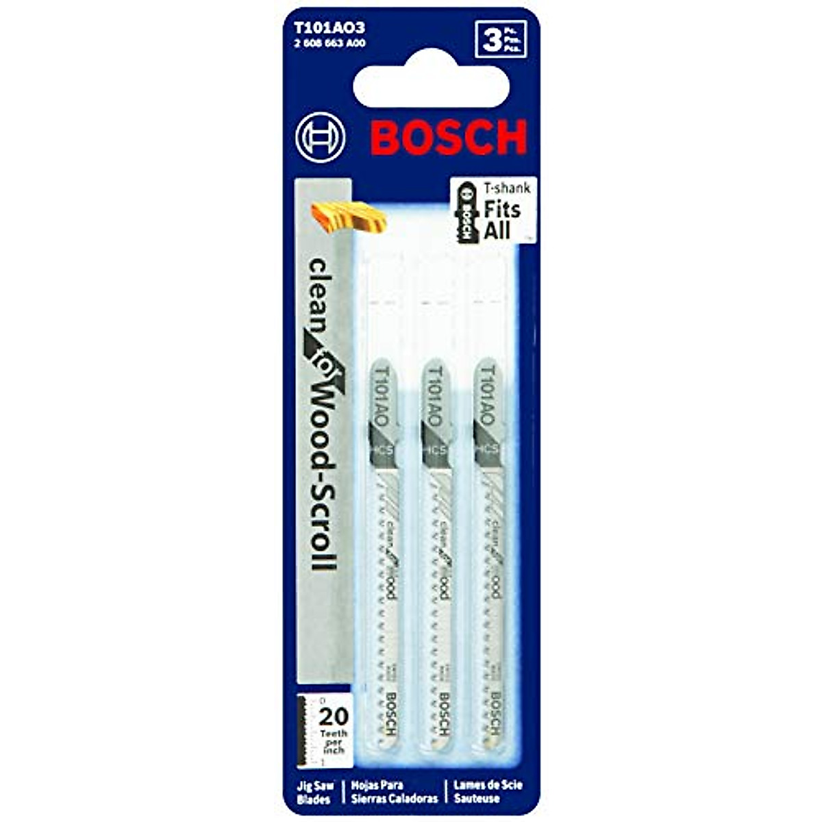 BOSCH T101AO3 3-Piece 3-1/4 In. 20 TPI Clean for Wood T-Shank Jig Saw Blades