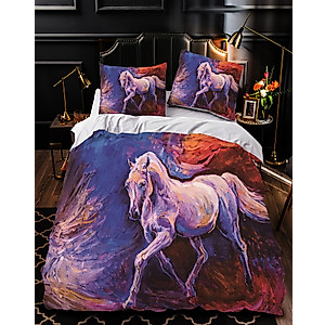 EIANLAI Horse Bed Duvet Cover Set, Wild Animal Themed Bed 3 Piece Duvet Cover Set for Kids, Teens, Boys, Girls Room Decor, includes 1 Duvet Cover and 2 Pillow Cases - Queen