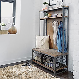 homestyles Barnside Metro Hall Tree Constructed of Mixes Media, Gray Metal Frame with Multi-toned Driftwood Finish with Two Large Storage Baskets and Four Hooks