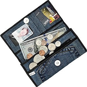 Bijoux de Ja Upcycling Blue Denim Versatile Decorated Flap Cover Pocket Money Long Wallet Purse Clutch for Women (RANDOM)