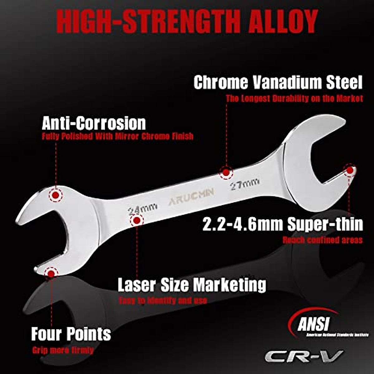 ARUCMIN Super-Thin Open End Wrench Set, 18-Piece SAE & Metric 1/4" to 1-1/16" and 5.5mm to 27mm Chrome Vanadium Steel Wrench Set with Rolling Pouch