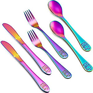 6 Pieces Rainbow Cutlery Kids Stainless Steel Rainbow Utensil Safe Child and Toddler Flatware Set Includes 2 Rainbow Knives 2 Forks 2 Spoons for Home and Preschools