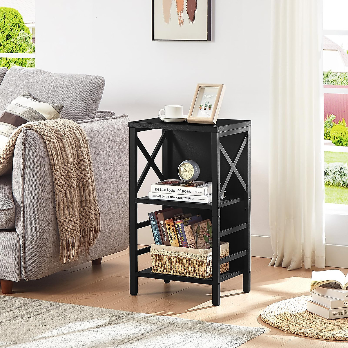 MNEETRUNG Small Bookcase,3 Tier Industrial Bookshelf with Metal Frame and Backboard,Low Black Book Shelf,Small Book case for Small Spaces,Living Room,Bedroom and Home Office