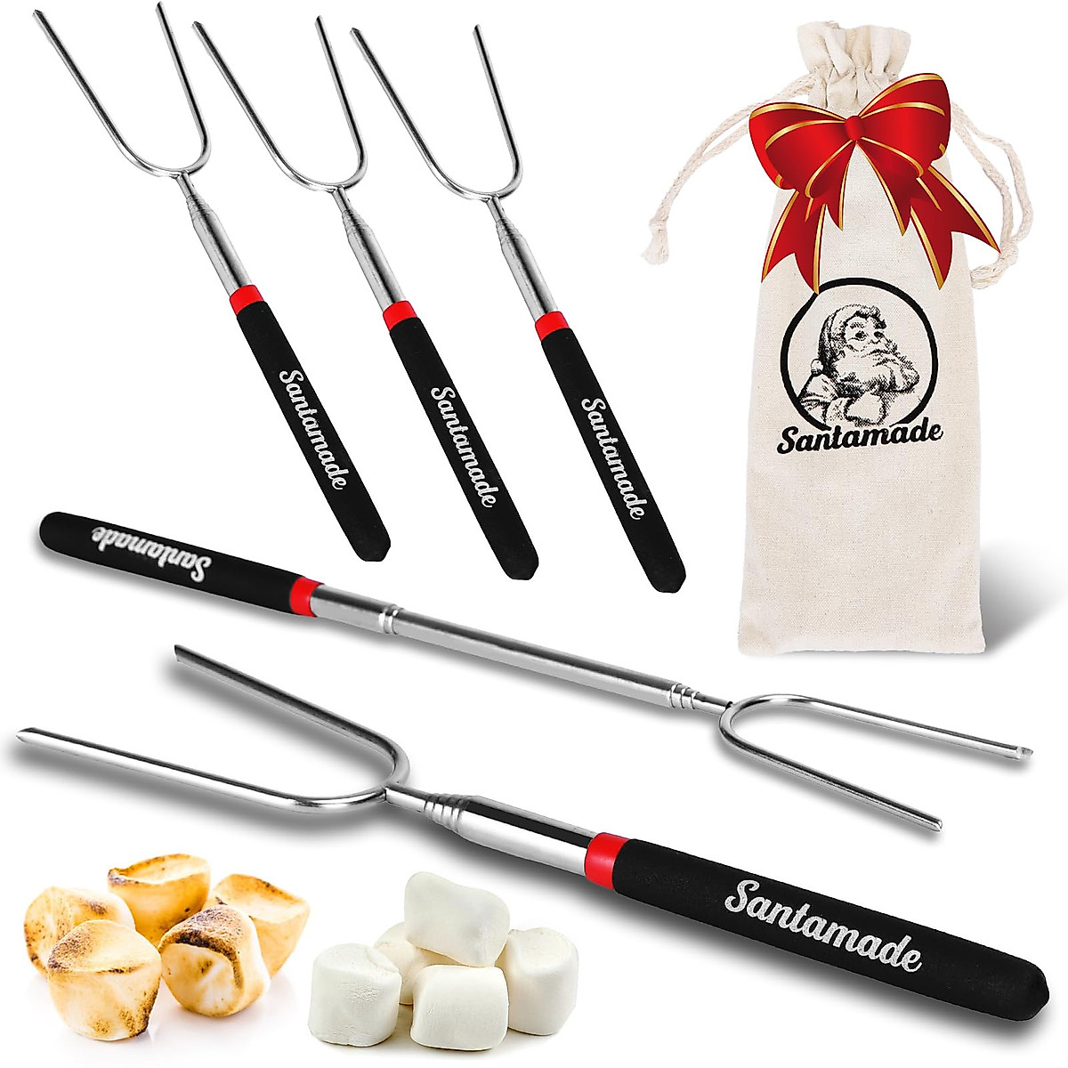 SANTAMADE Marshmallow Roasting Sticks Set of 5 -Telescoping Long Smores Sticks for Fire Pit, Hot Dog Sticks for Campfire Grill Bonfire Party Supplies -With Santa Storage Sack