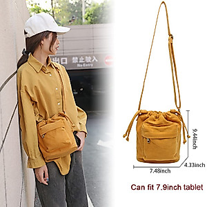 Women Small Canvas Purse Crossbody Bag Ladies Cute Little Drawstring Bucket Boho Purses, Black
