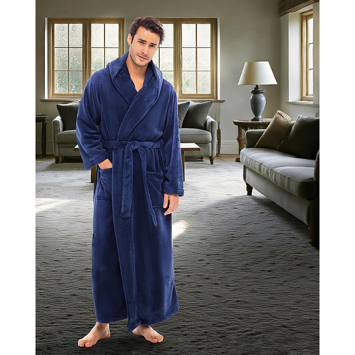 Alexander Del Rossa Mens Robe, Plush Fleece Hooded Bathrobe Men, Men's Bathrobes, Big and Tall Bath Robe for Men Navy Blue 2XL (A0125NBL2X)