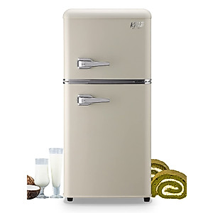 KRIB BLING 3.5 Cu.Ft Retro Refrigerator with Freezer 2 Door Energy Saving Top-Freezer Compact Refrigerator with 7 Level Adjustable Thermostat Control Cream