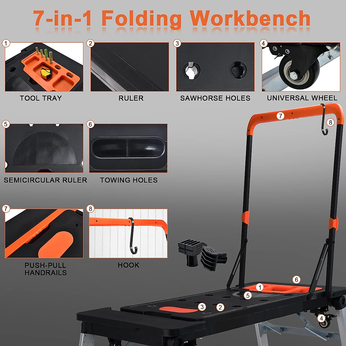 Evcitn Portable Workbench,7-in-1 Work Benches for Garage,45”Folding Work Table,Used as Car Creeper,Sawhorse,Platform,Scaffold,Hand Truck with 4 Wheels,550lbs Load Capacity