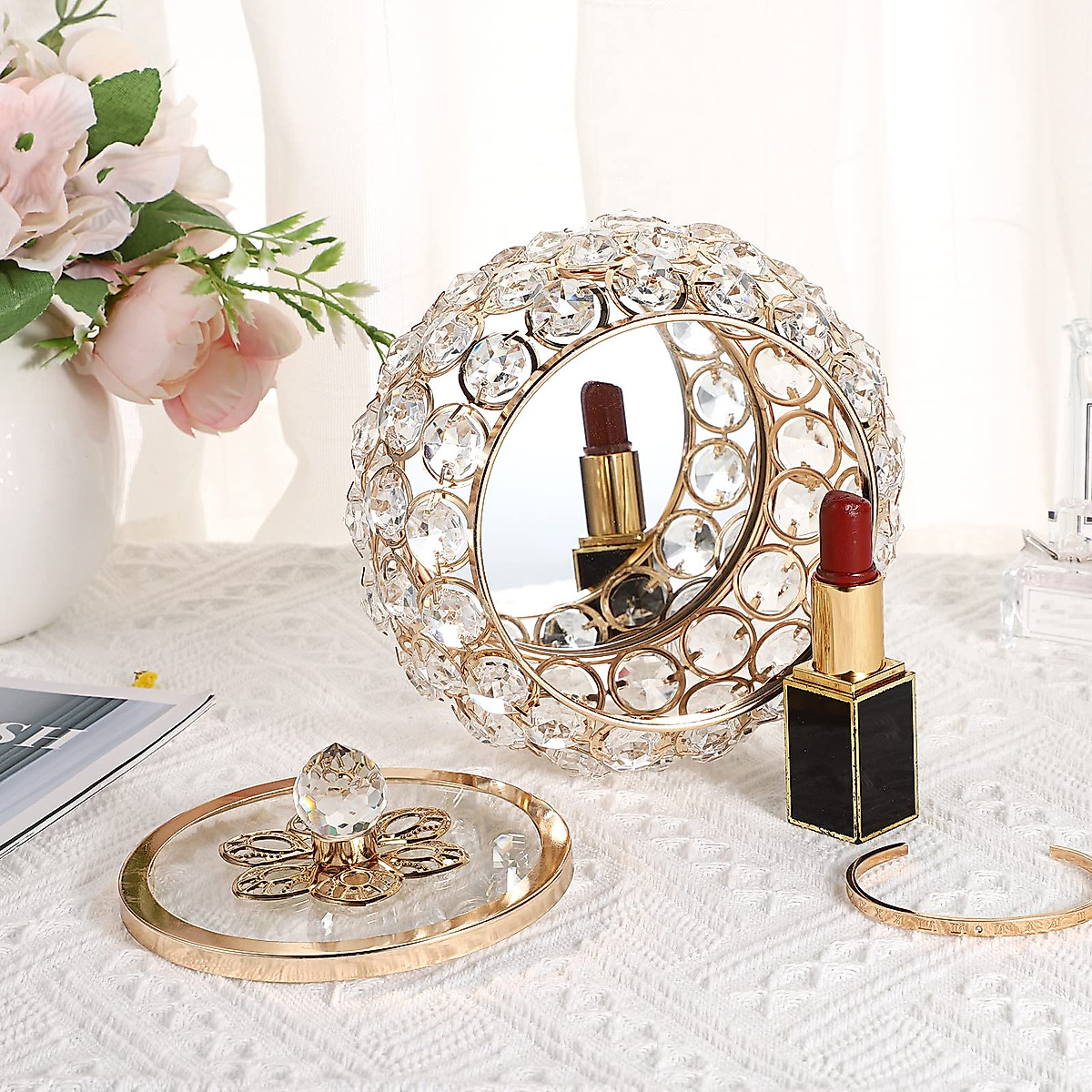 Hipiwe Crystal Jewelry Trinket Box with Glass Lid Gold Mirrored Treasure Box Decorative Jewelry Box Ring Earrings Necklace Storage Keepsake Box Gift for Women Girls