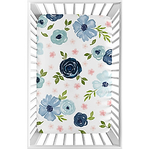 Sweet Jojo Designs Navy Blue and Pink Watercolor Floral Girl Fitted Mini Crib Sheet Baby Nursery for Portable Crib or Pack and Play - Blush, Green and White Shabby Chic Rose Flower